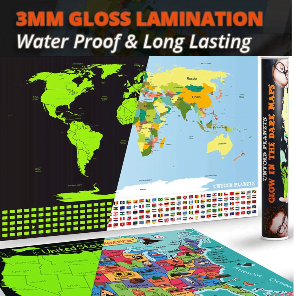 Glow in The Dark World Map Wall Poster For Kids – 16 x 24 Inch ...